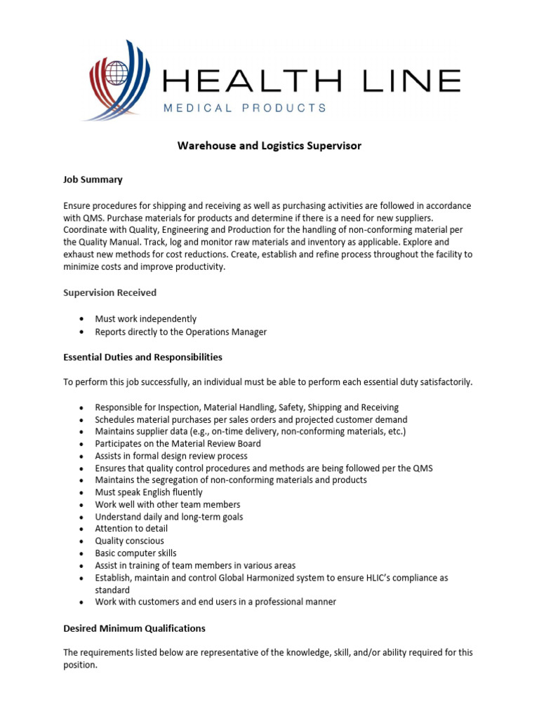 Hlic Warehouse Logistics Supervisor Job Description 1 | PDF | Logistics ...