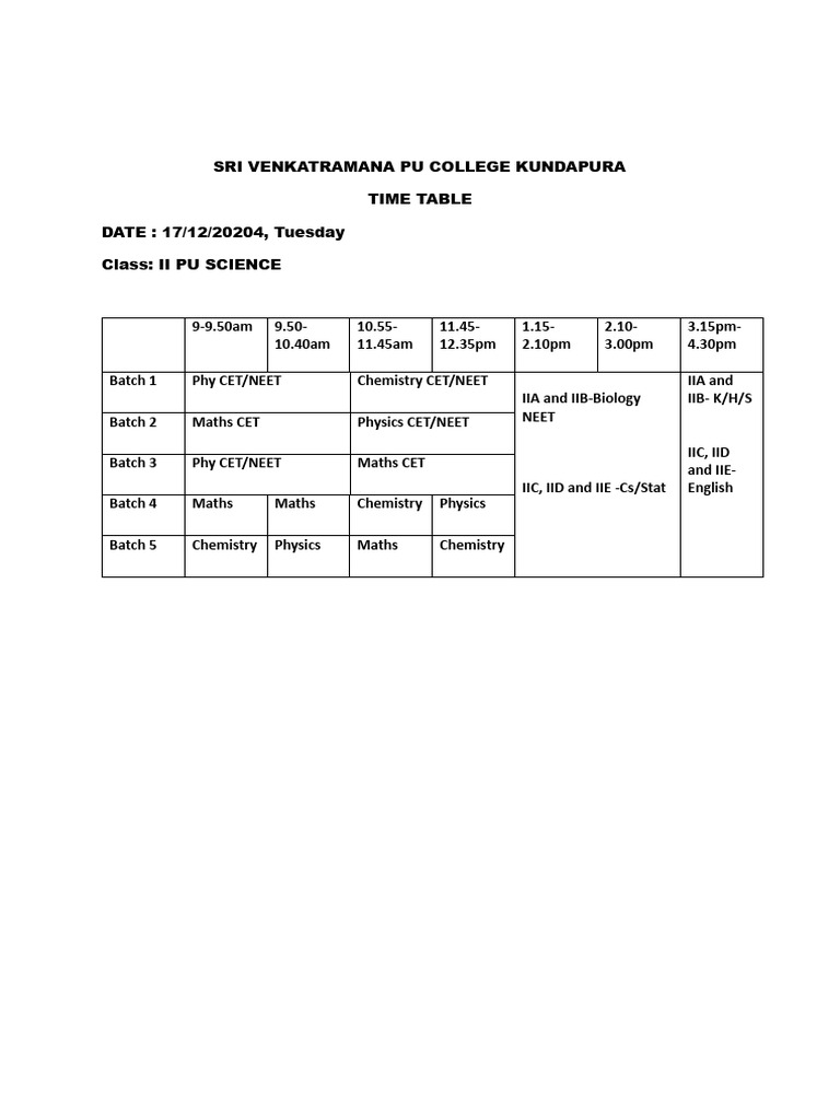 Daily Time Table Tuesday | PDF