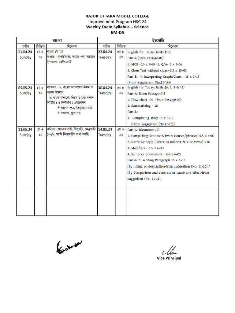 Weekly Exam Schedule HSC 24 Date and Day View | PDF