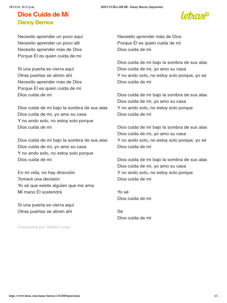 LETRA DIOS CUIDA DE MÍ - Danny Berrios (Impresión) | PDF