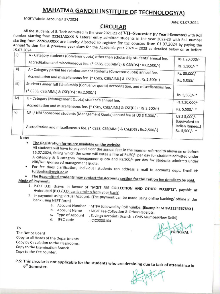 Fee Circulars Vii Semester Iv Year 2021 22 | PDF