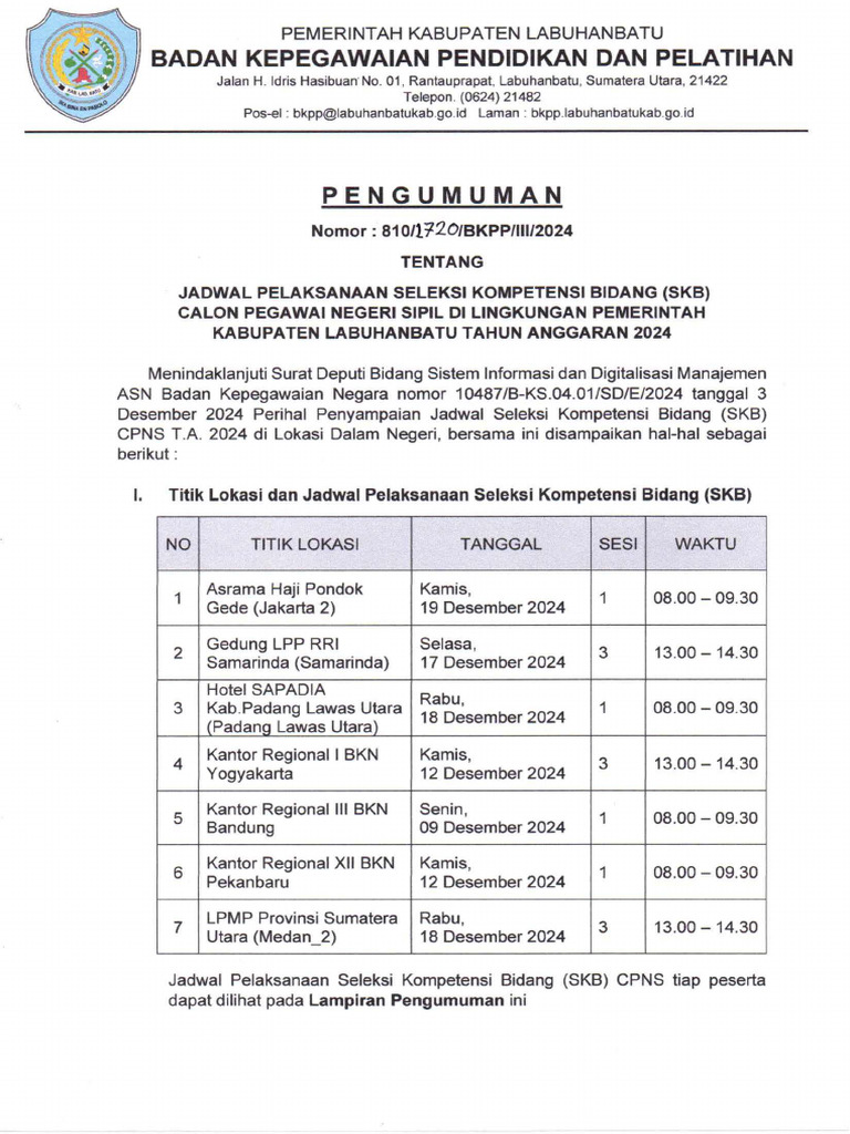 Pengumuman Jadwal SKB CPNS Labuhanbatu 2024 | PDF
