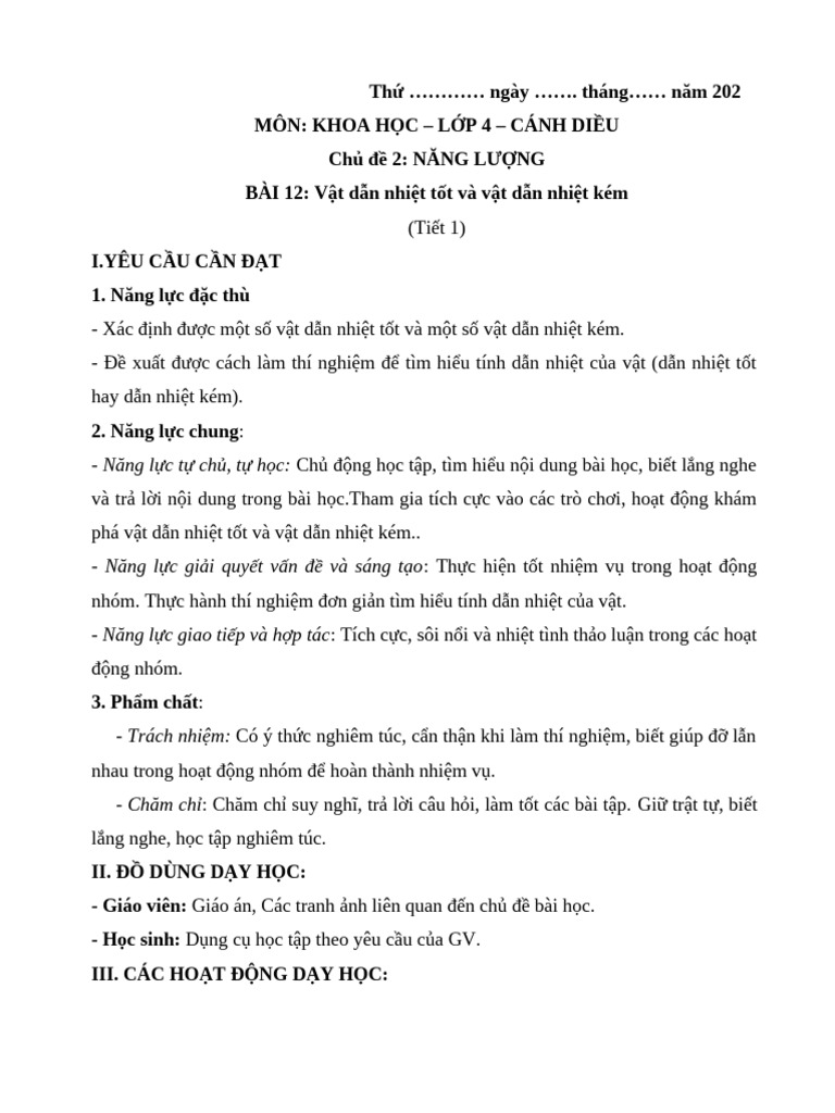 KHBD Khoa Hoc - Vat Dan Nhiet Va Vat Cach Nhiet | PDF