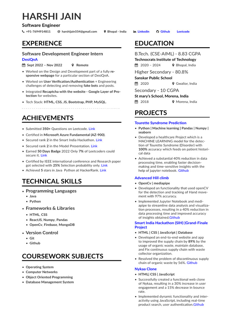 Harshi_Jain_Resume | PDF | Java Script | Computing