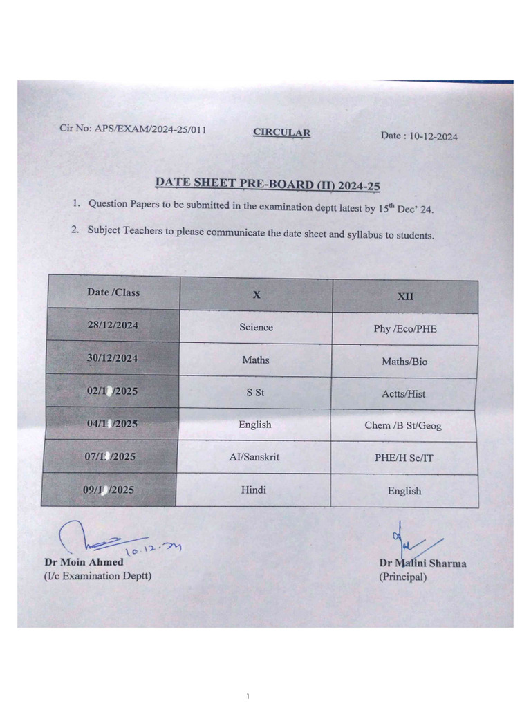 Pre Board II Date Sheet | PDF