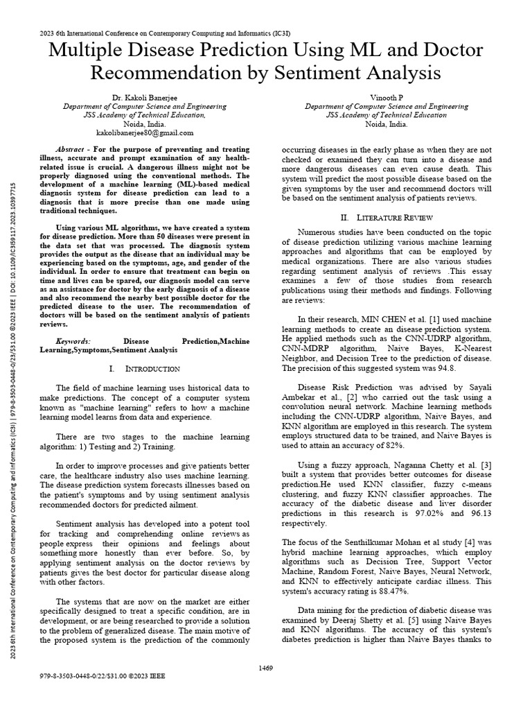 Multiple Disease Prediction Using ML and Doctor Recommendation by Sentiment Analysis | PDF ...