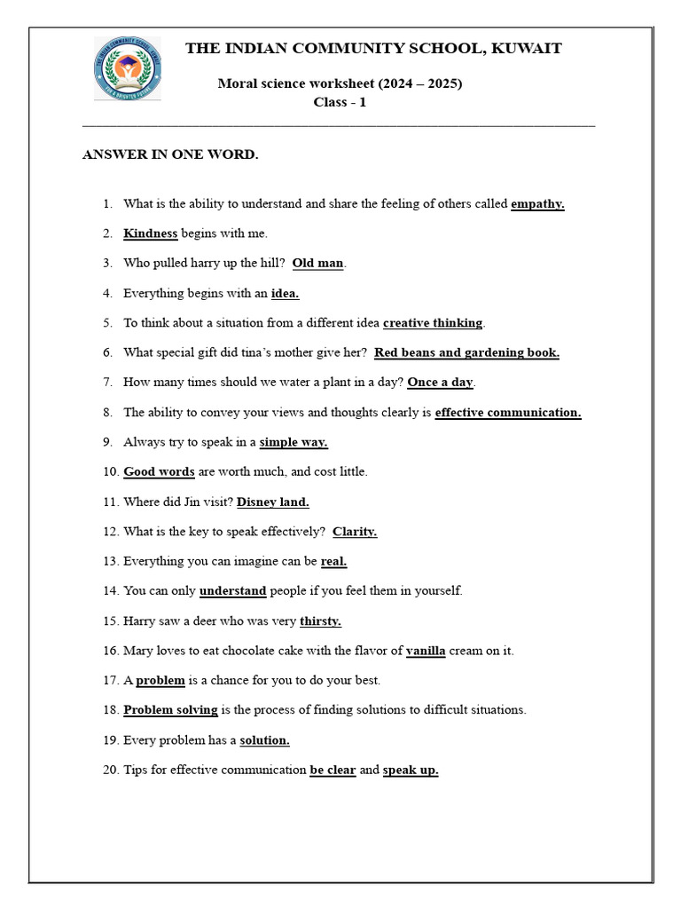 Moral Science Worksheet | PDF