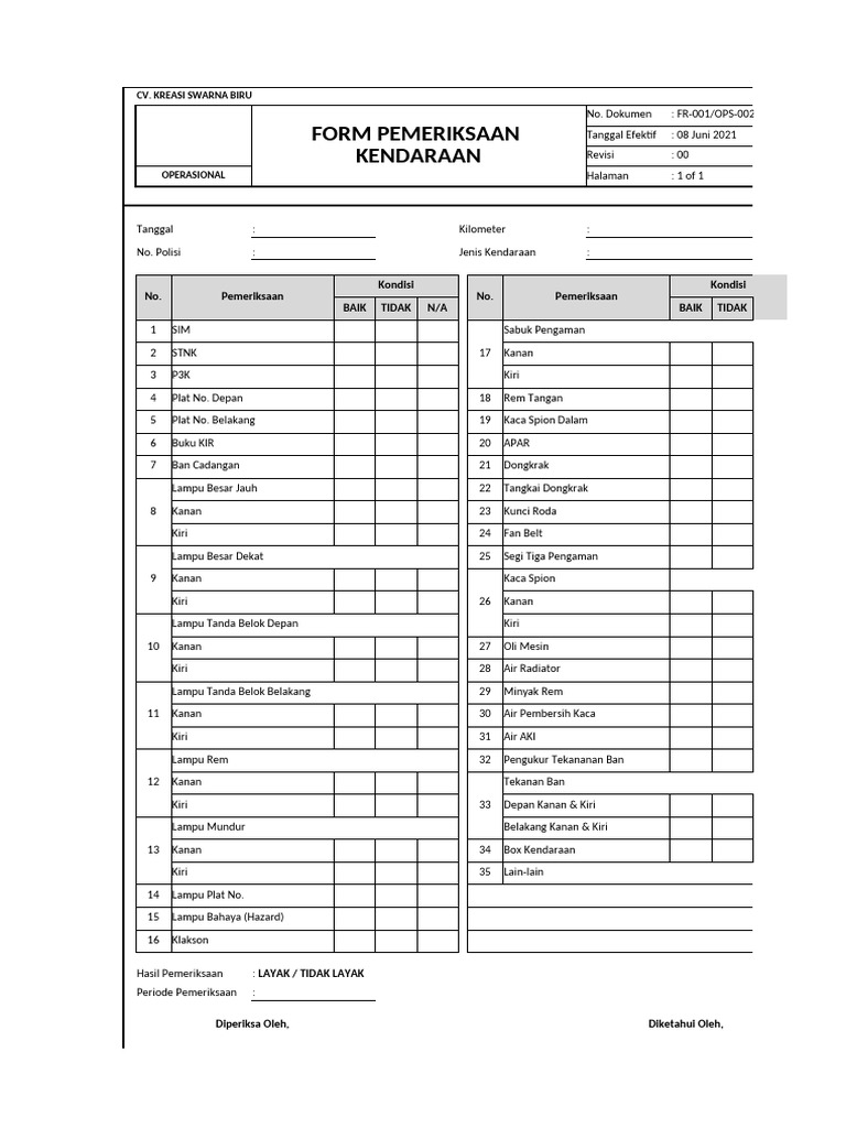 Formulir Pemeriksaan Kendaraan CV. KSB | PDF