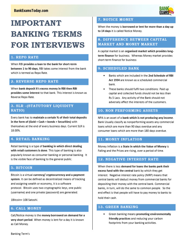 Banking Interview Terms | PDF | Banks | Reserve Bank Of India