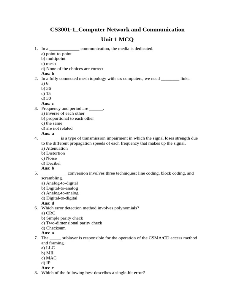 Computer Network Communication MCQs | PDF | Computer Network | Osi Model