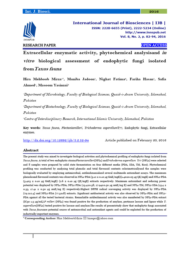 Extracellular Enzymatic Activity, Phytochemical Analysisand in Vitro ...