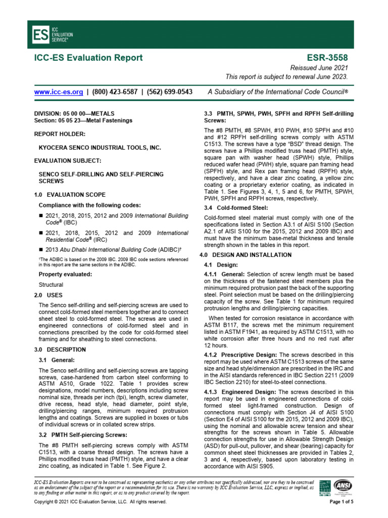 Senco Icc-Esr-3558 Report | PDF | Screw | Strength Of Materials