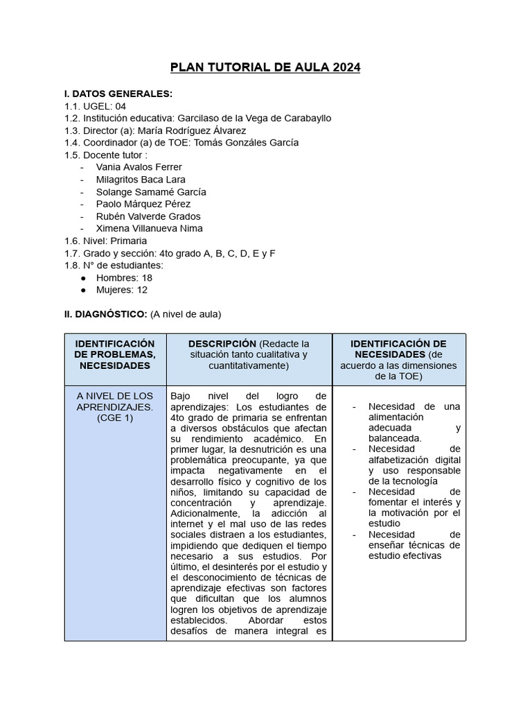 PLAN TUTORIAL DE AULA 2024 | PDF | Salón de clases | Enseñando
