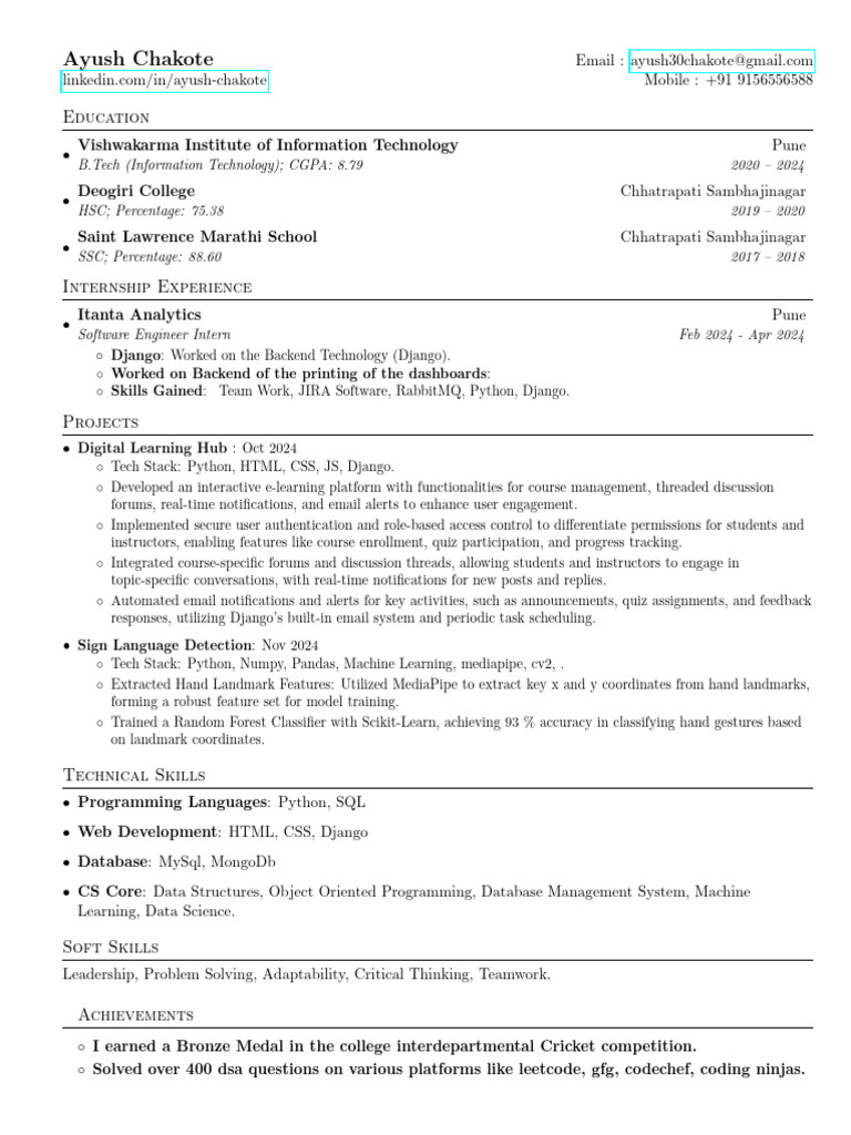 Ayush_Chakote_ML_Resume | PDF | Python (Programming Language) | Databases