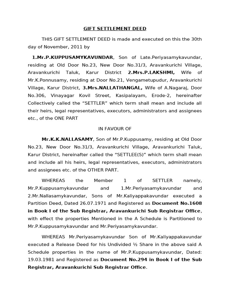 NALLASAMY Gift Settlement Deed | PDF | Property | Settlement (Litigation)