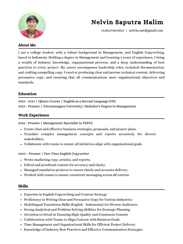 Management Student & Copywriter Profile | PDF