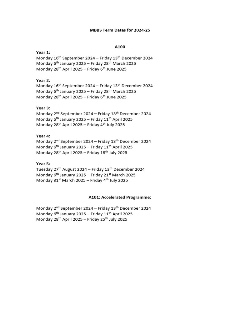 MBBS Academic Term Dates For 24-25 | PDF