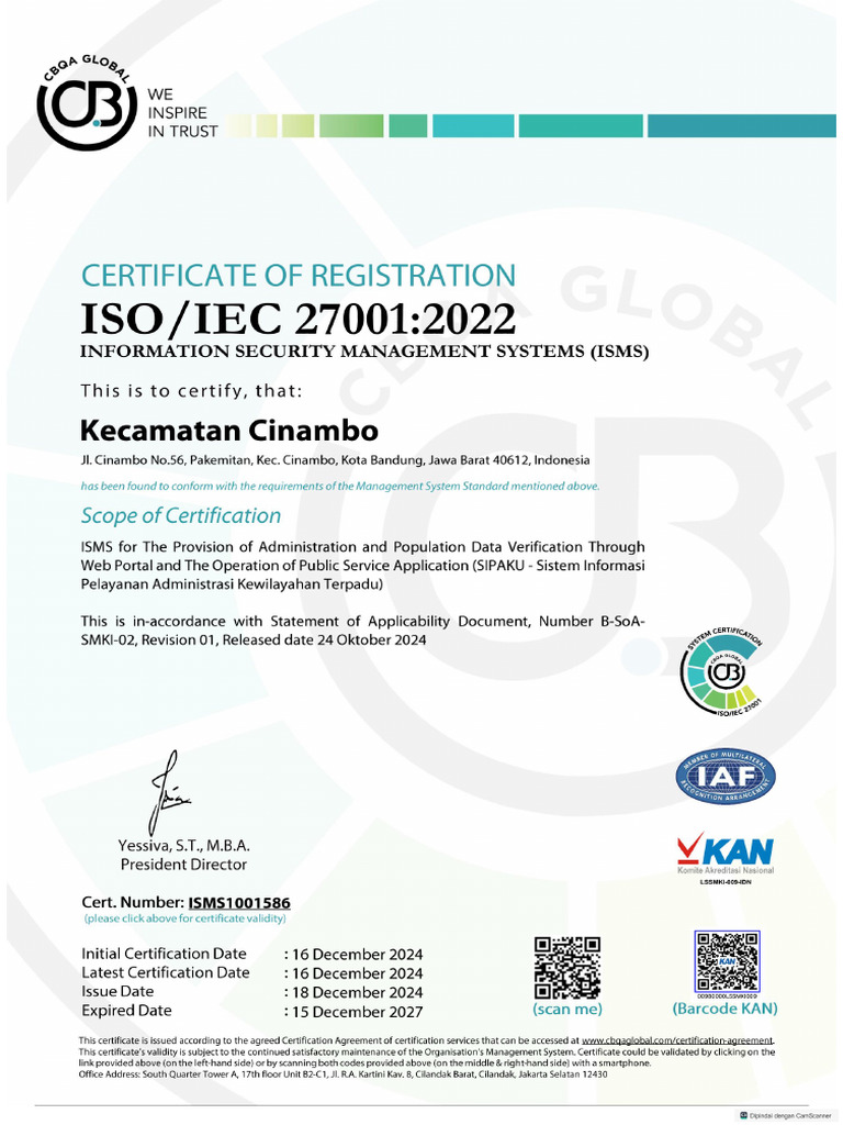 Certificate Initial 27001 Kecamatan Cinambo | PDF