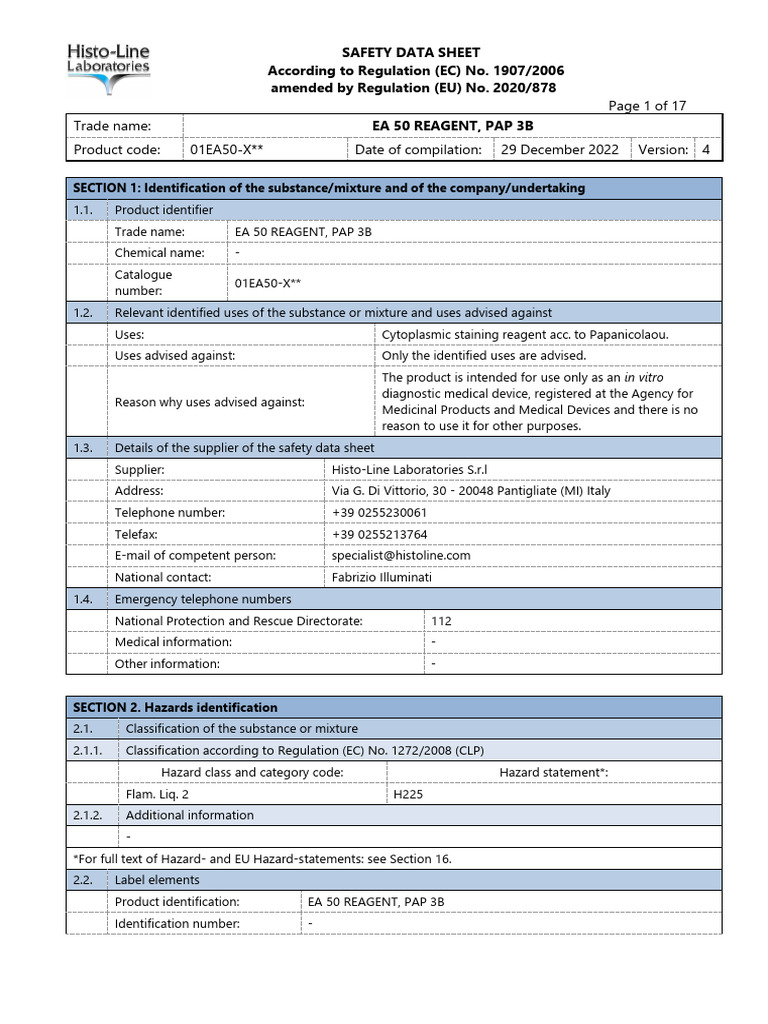 EA 50 Reagent Pap 3B - MSDS - v4 - 0 | PDF | Toxicity | Ethanol