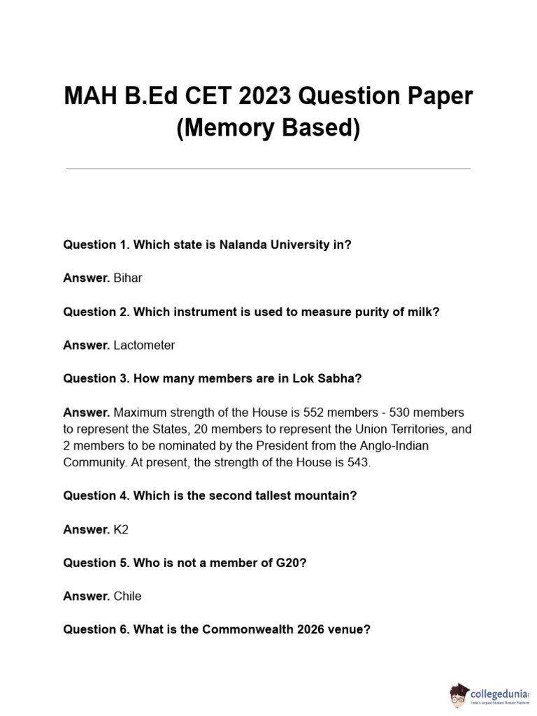 MAH B Ed CET 2023 Question Paper 1 | PDF