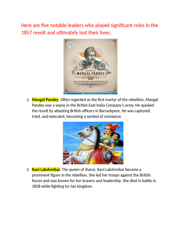 Here Are Five Notable Leaders Who Played Significant Roles in The 1857 ...