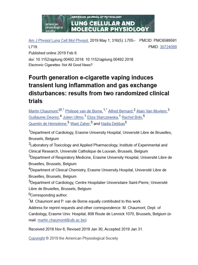 Fourth Generation E-Cigarette Vaping Induces Transient Lung ...