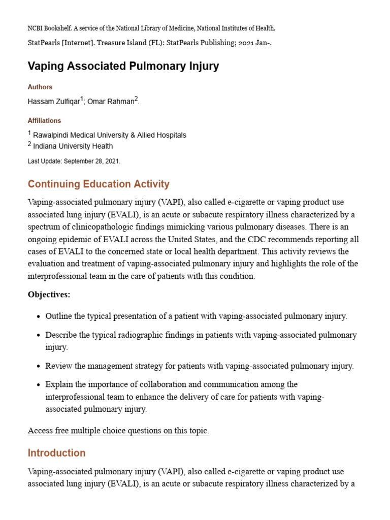 Vaping Associated Pulmonary Injury - StatPearls - NCBI Bookshelf | PDF ...