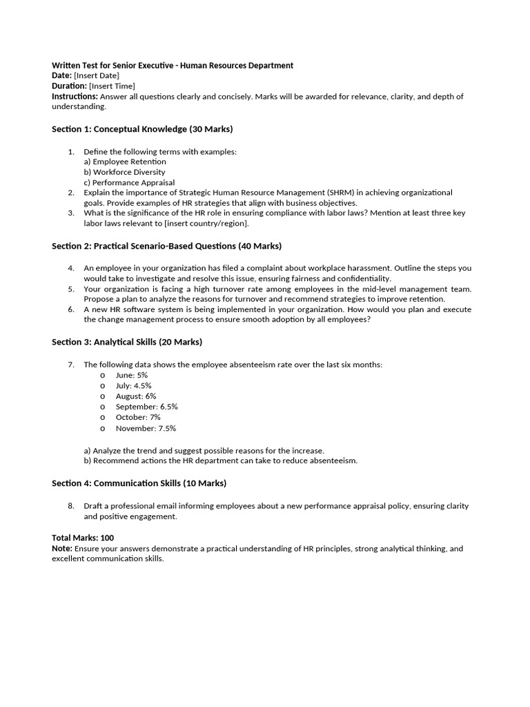 Senior Executive HR Written Test | PDF