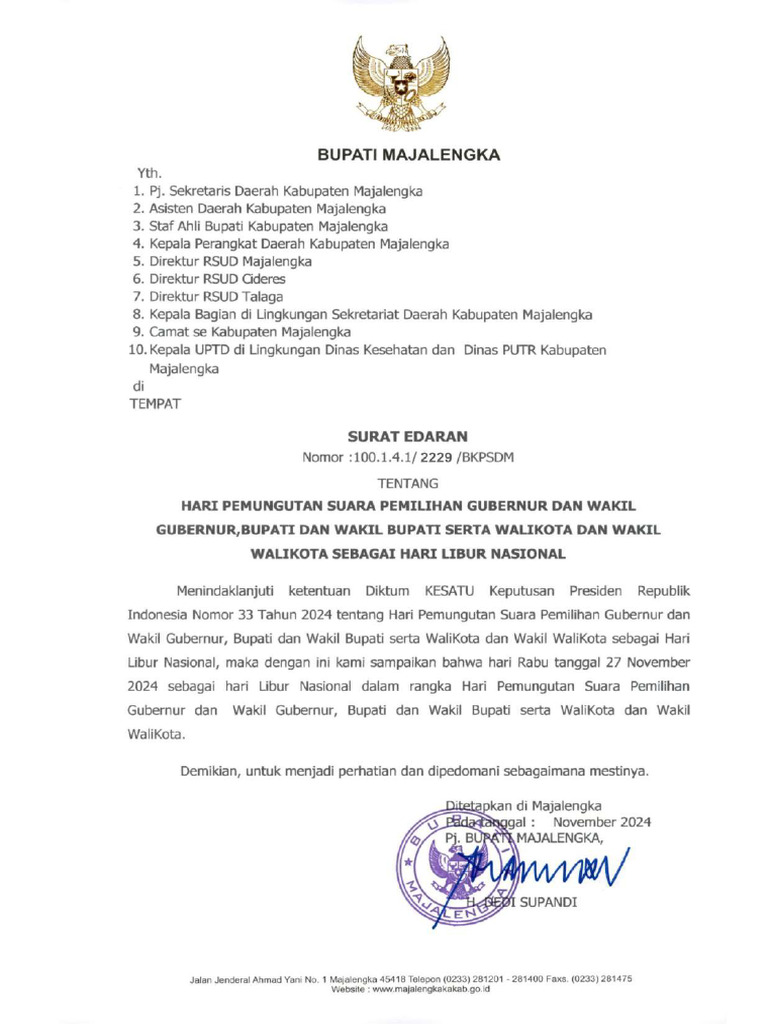 Surat Edaran Libur Pilkada | PDF