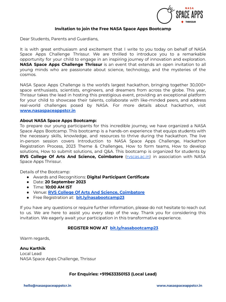 NASA Space Apps 2023 - Bootcamp Invitation - RVS | PDF