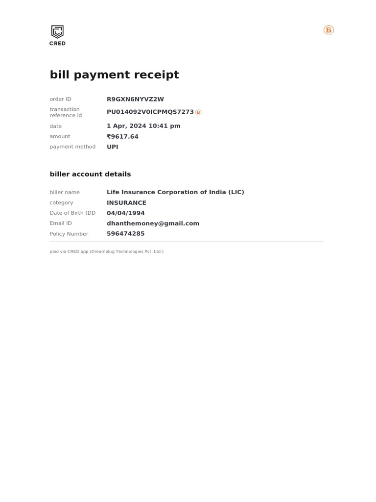 LIC Premium Payment Receipt | PDF