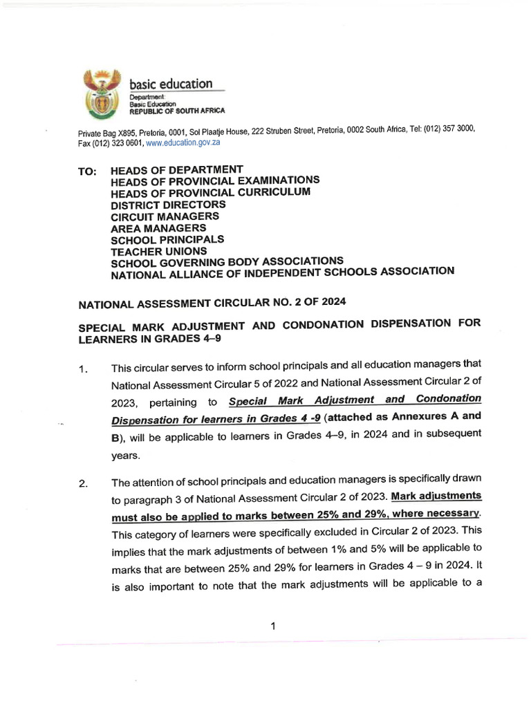 National Assessment Circular No 2 of 2024 Special Mark Adjustment and Condonation Dispensation ...
