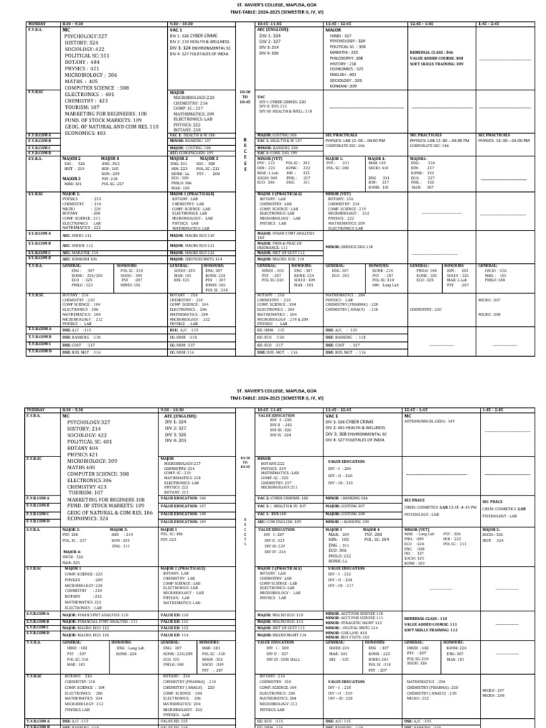 SXC 2024-2025 Time Table Overview | PDF | Science