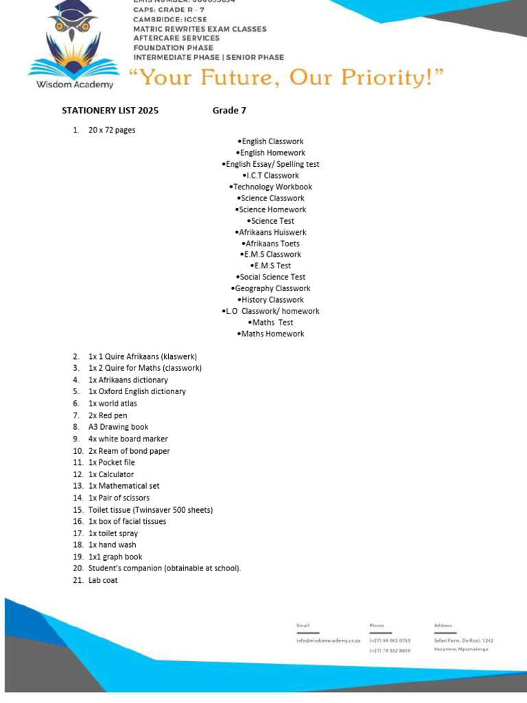 Grade - 7 - Stationery - List 2025 | PDF