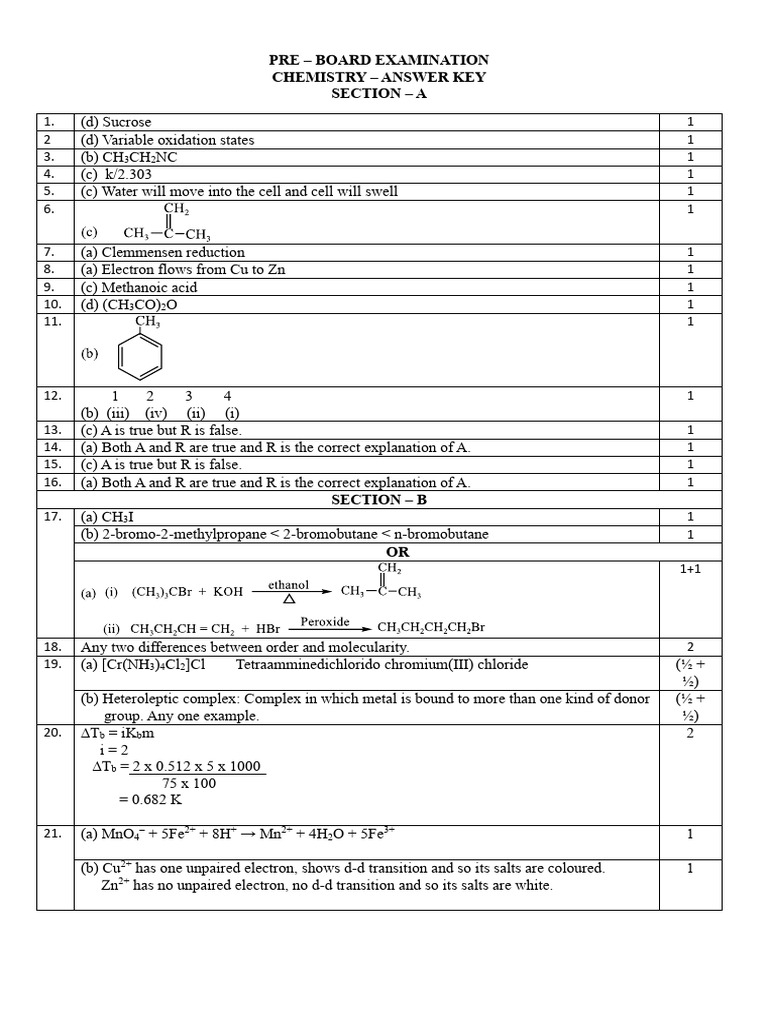 Pre-Board Exam Chemistry Answer Key | PDF | Redox | Electrochemistry