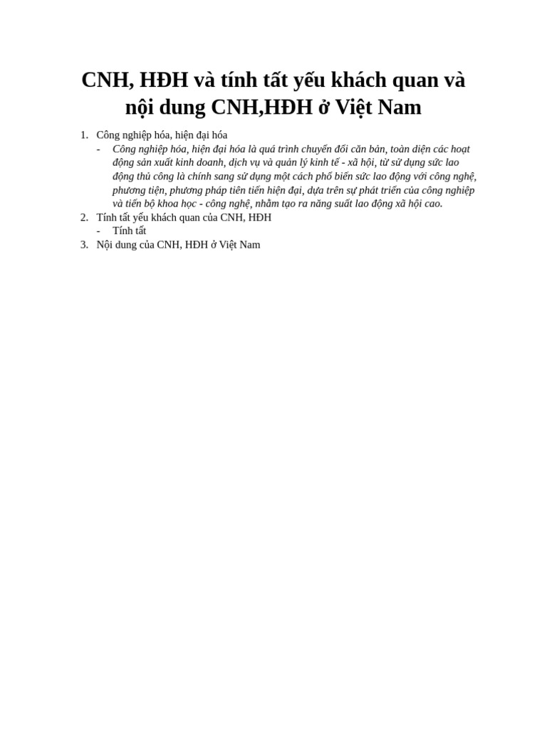 CNH, HĐH và tính tất yếu khách quan và nội dung CNH,HĐH ở Việt Nam | PDF