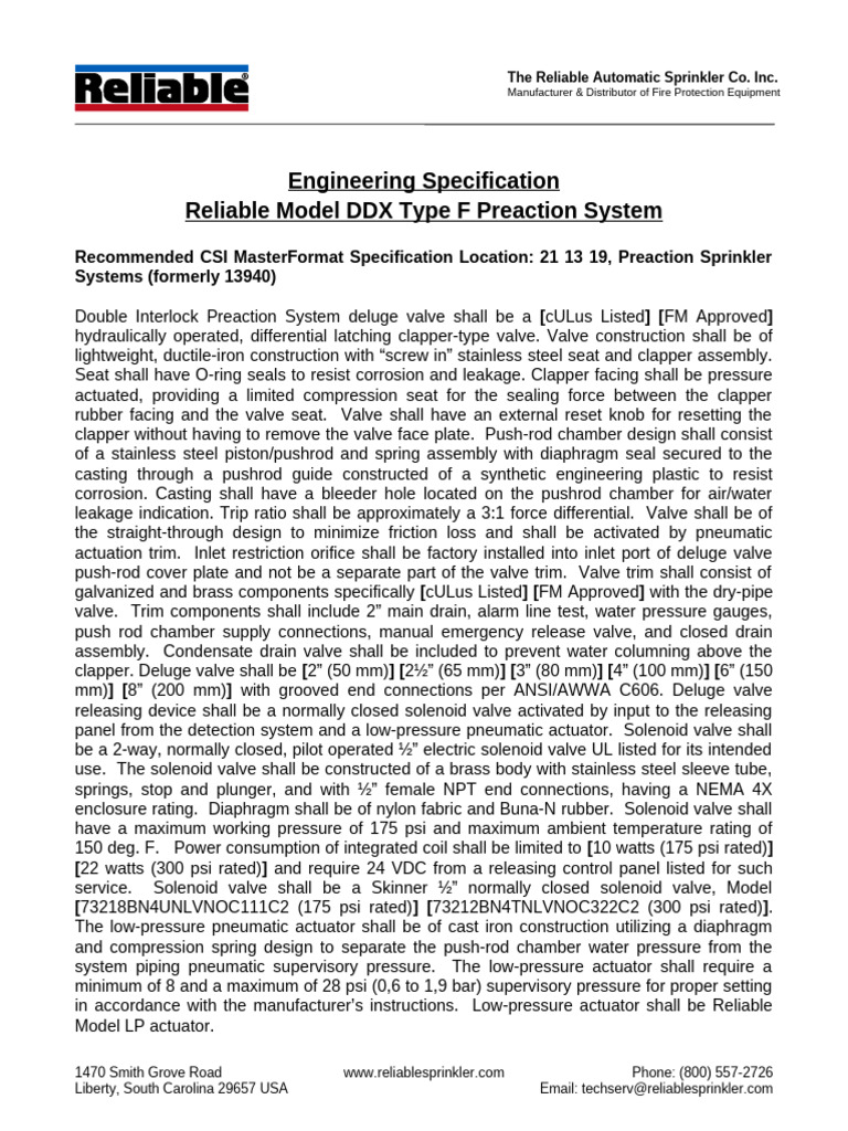 Model DDX Type F Double Interlock Specification | PDF | Valve | Fire Sprinkler System