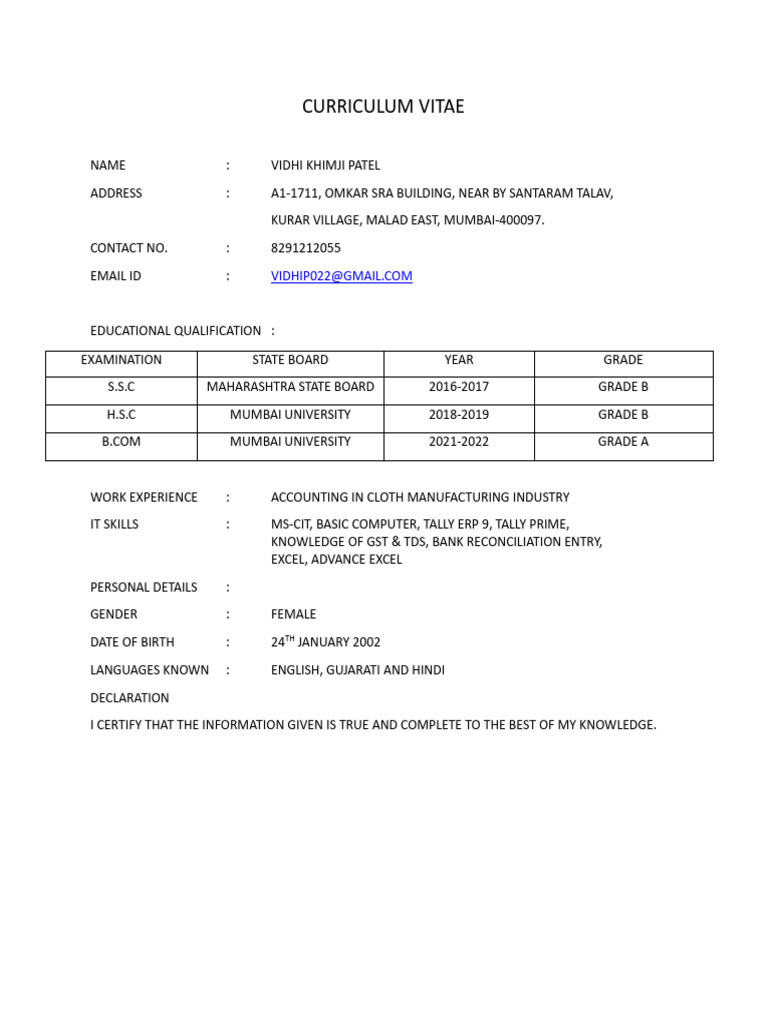 Curriculum Vitae Vidhi Patel | PDF