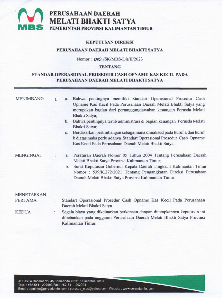 SK-Direksi-MBS_SOP-Cash-Opname-Kas-Kecil-Pada-Perusda-MBS | PDF