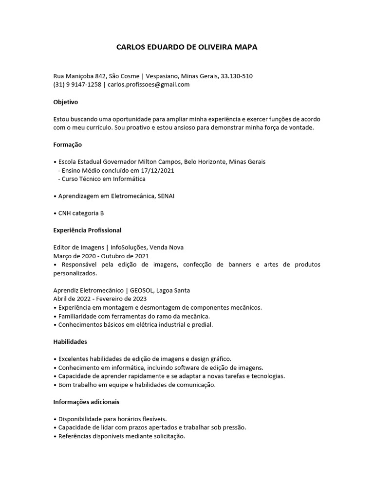 Curriculo - Carlos Eduardo de Oliveira Mapa | PDF