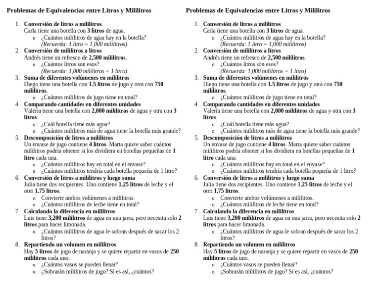 Hoja De Trabajo De Mililitros Y Litros