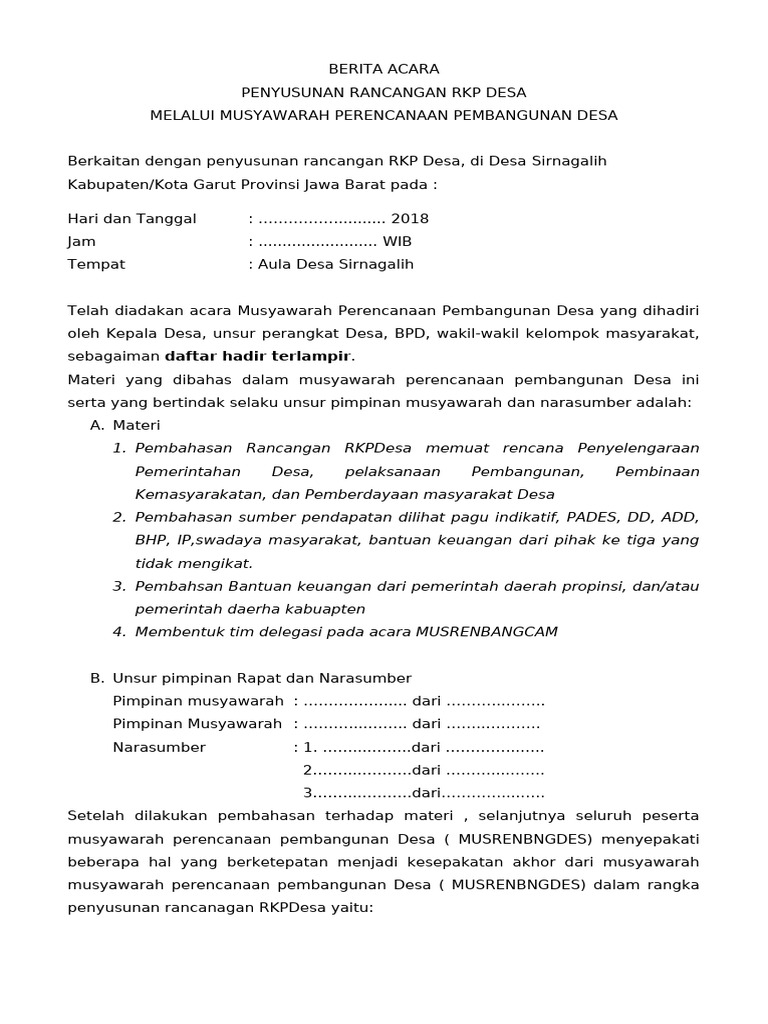 4. Form. BA Penyusunan RKPDes Melalui MUSRENBANGDES | PDF