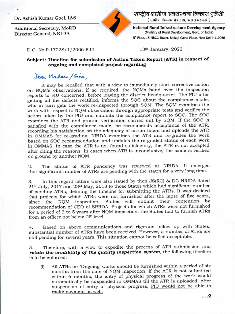 Timeline For Submission of ATR in Respect of Ongoing and Completed ...