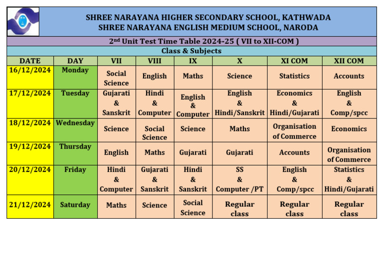 2nd Unit Test Time Table 2024-25 ( VII to XII-COM ) | PDF