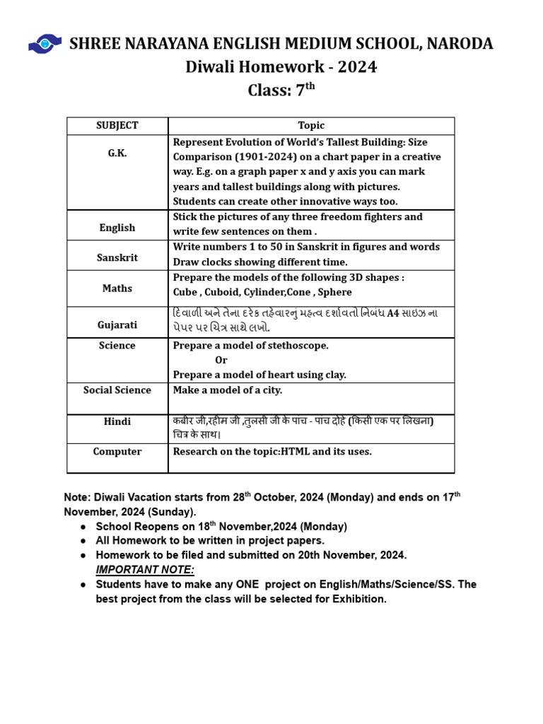 Class 7 Diwali Homework | PDF