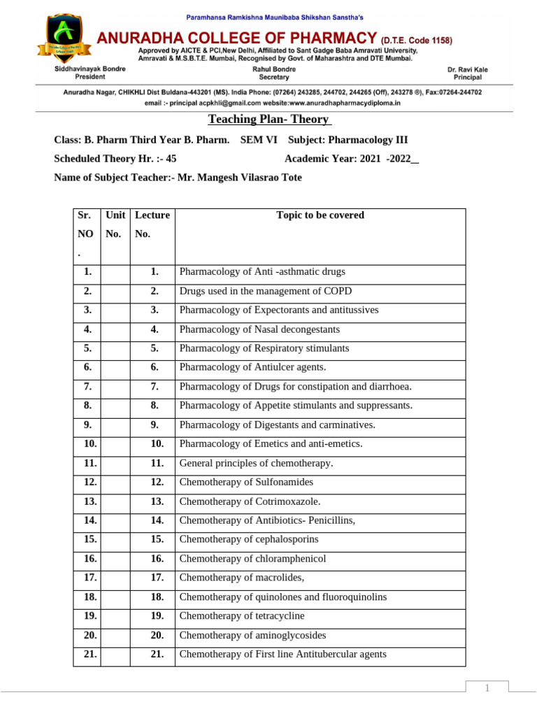 TEACHING PLAN Pharmacology III | PDF | Chemotherapy | Pharmacology