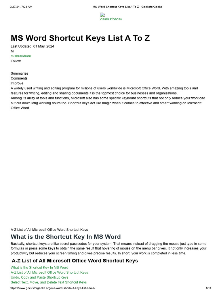 MS Word Shortcut Keys List A To Z - GeeksforGeeks | PDF | Microsoft ...