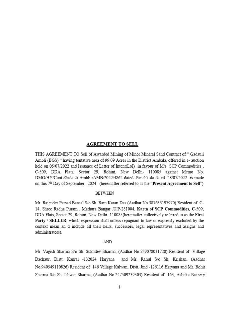 SCP Agreement To Sell of Mining Contract Changed and Final | PDF ...