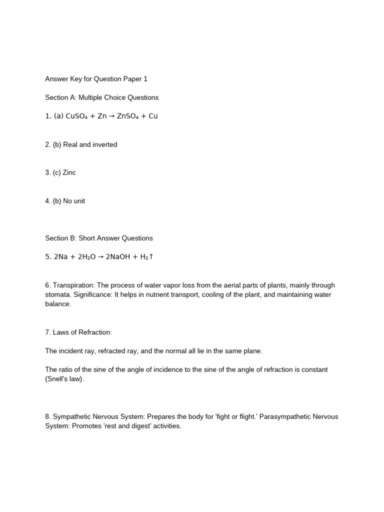 Answer Key For Question Paper 1 | PDF | Rust | Photosynthesis