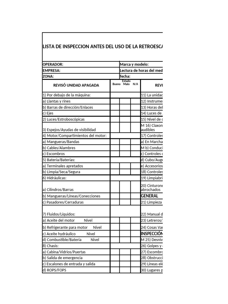 Lista de Inspección de Retroexcavadora | PDF | Vehículos | Vehículo de ...